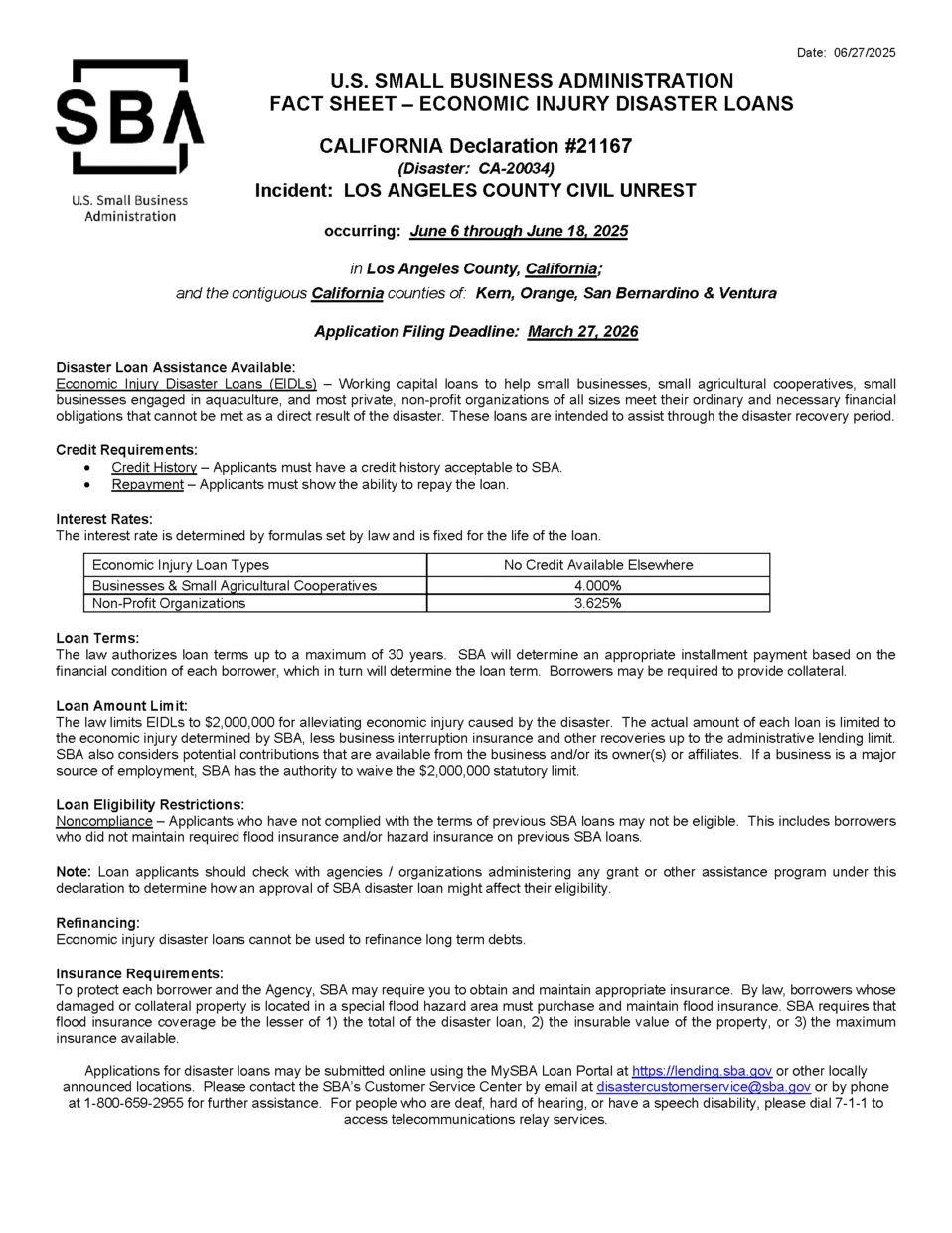 SBA Economic Injury Disaster Loan (EIDL)